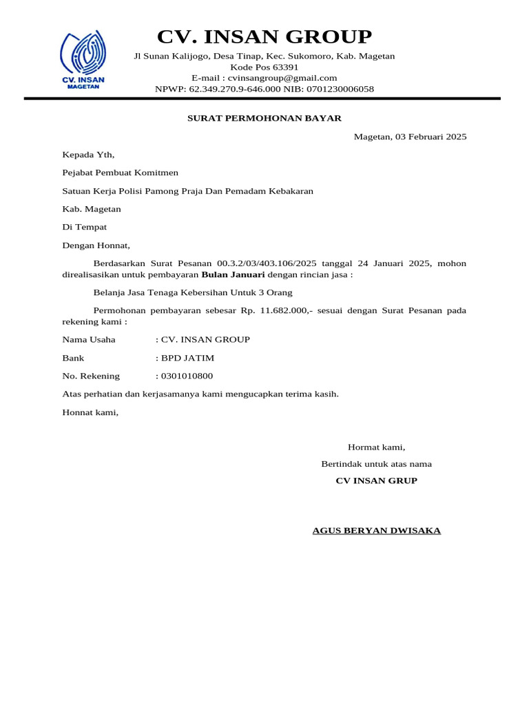 Surat Permohonan Pembayaran CV. Insan Group | PDF