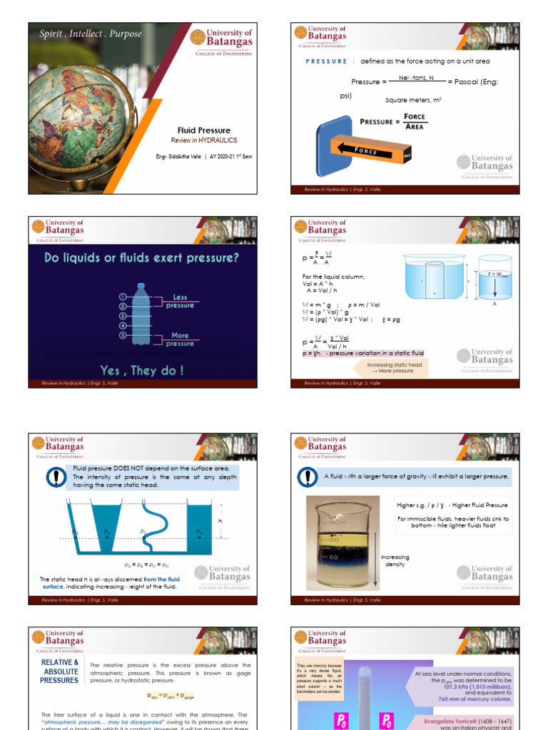 Review in Hydraulics Fluid Pressure | PDF | Pressure | Pressure Measurement