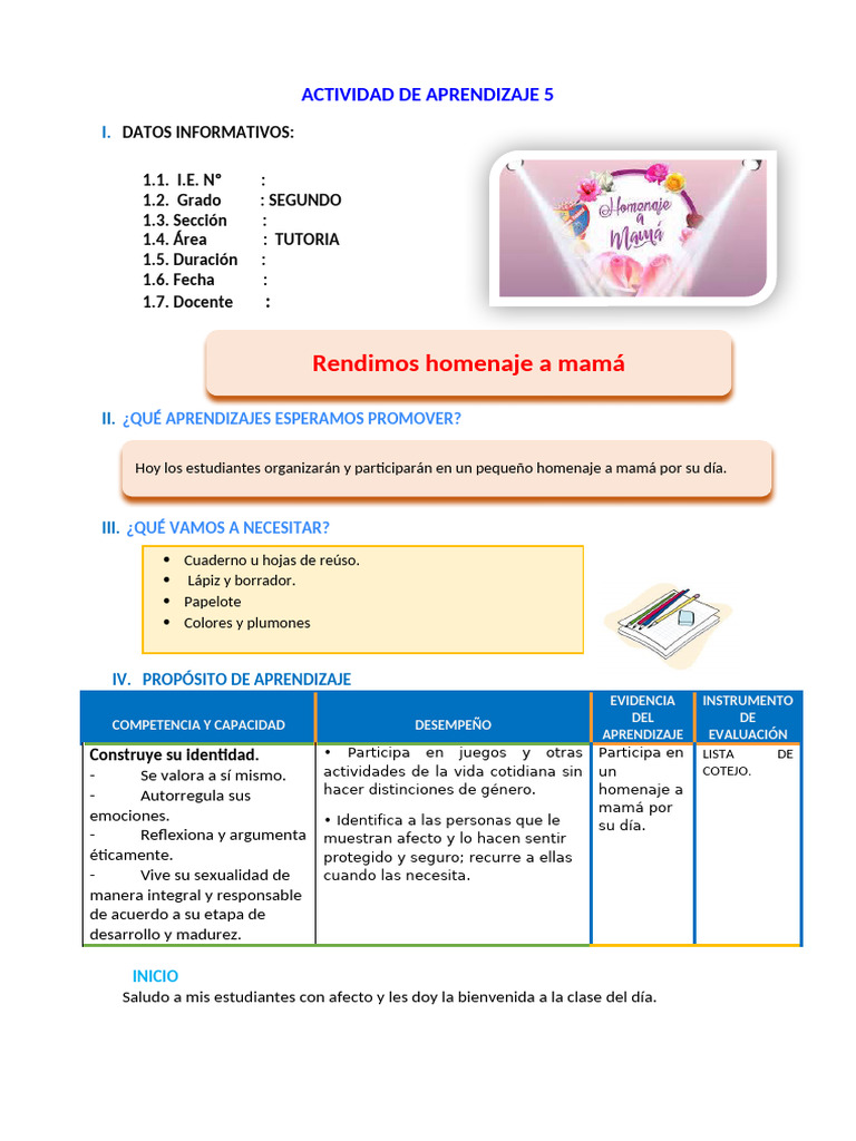 D5 A2 SESION TUT. Rendimos Homenaje A Mamá | PDF