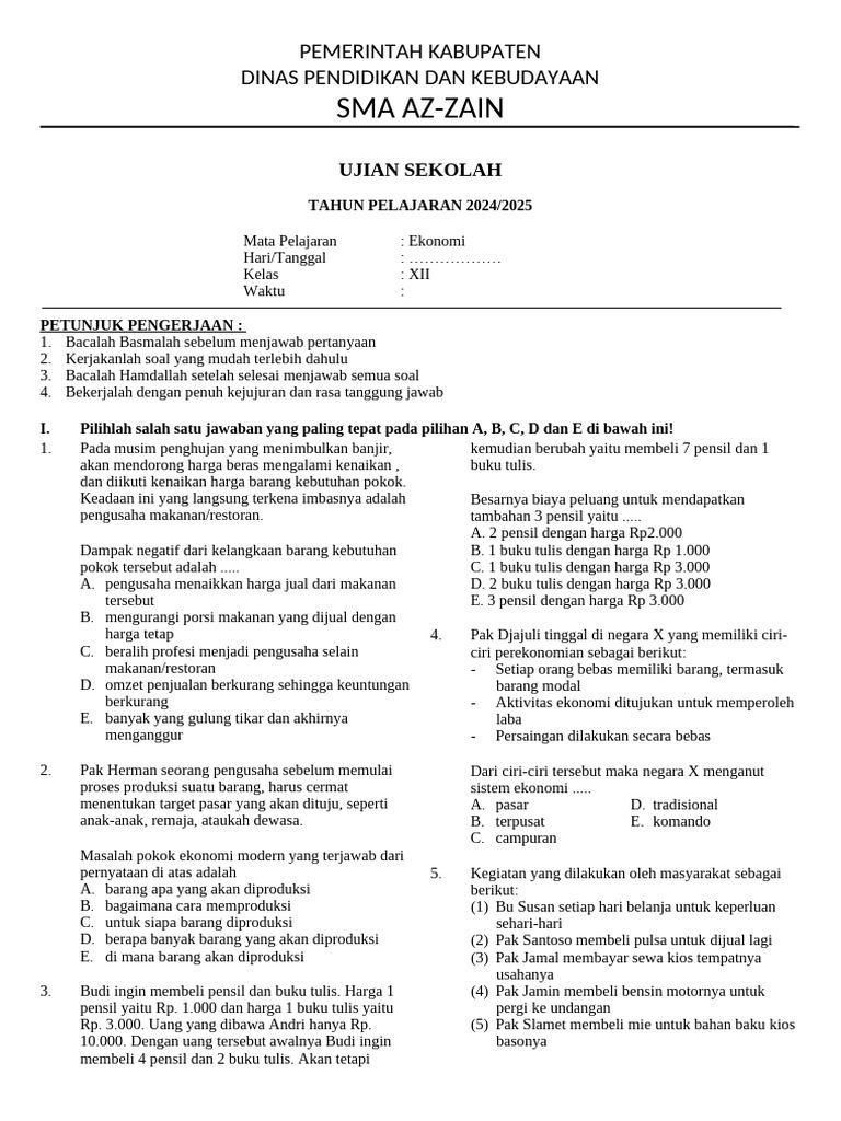 Ujian Ekonomi SMA Az-Zain 2024/2025 | PDF