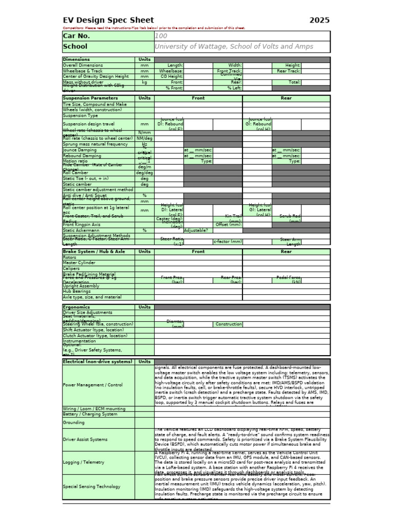 2025 Fs Design Ev Spec Sheet Template | PDF | Rechargeable Battery | Motor Vehicle