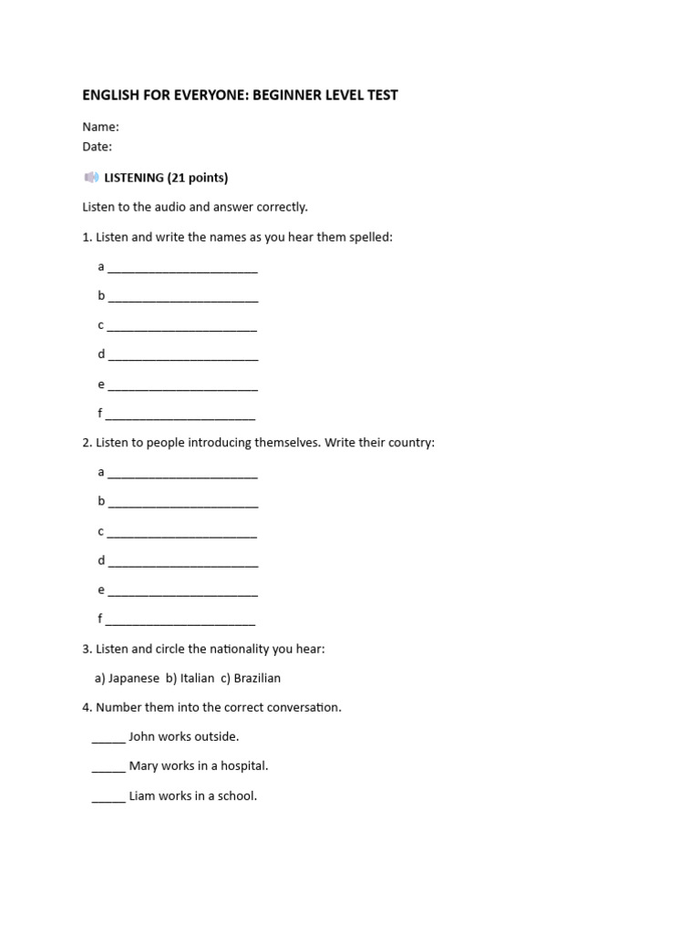 Beginner English Level Test PDF | PDF