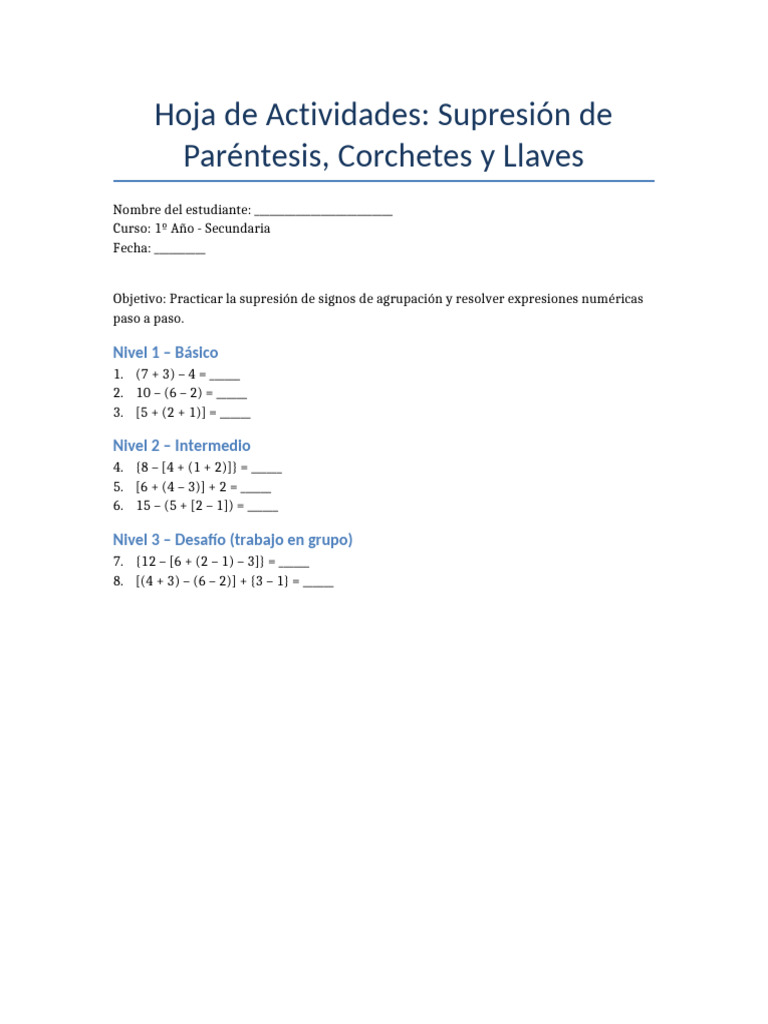Hoja Actividades Parentesis Corchetes Llaves | PDF