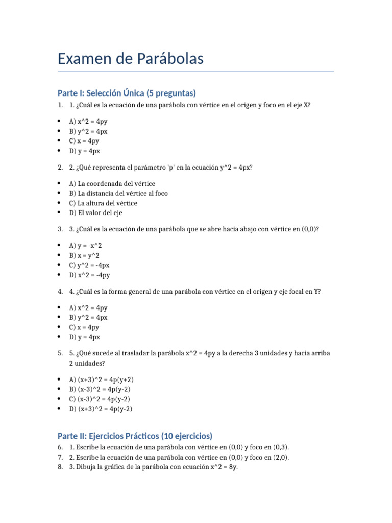 Examen Parabolas | PDF