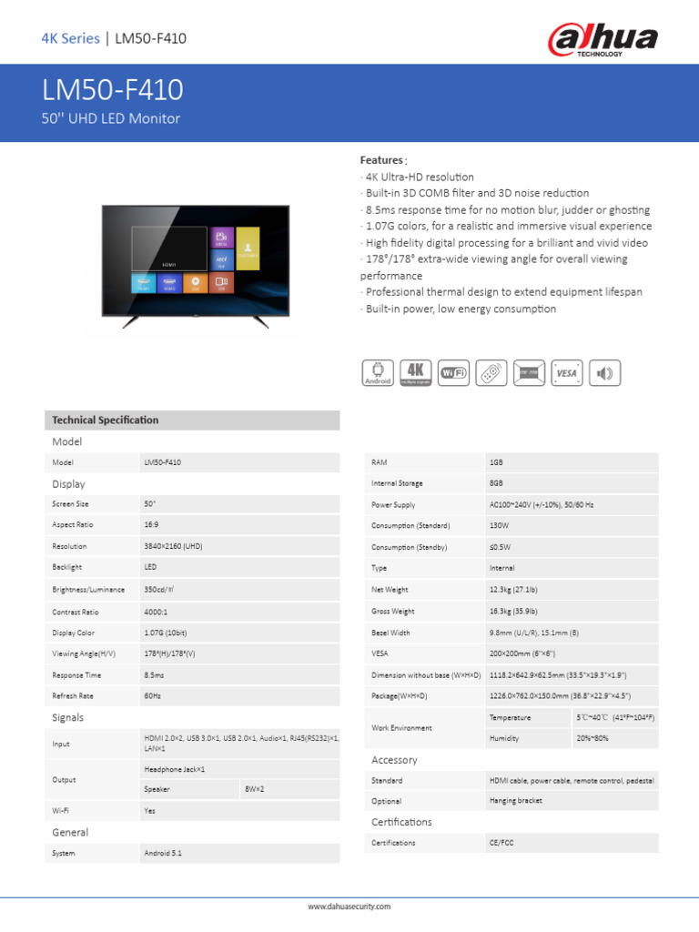 LM50-F410 - Datasheet - MONITOR UHD 4K | PDF | Computer Monitor | Computer Engineering