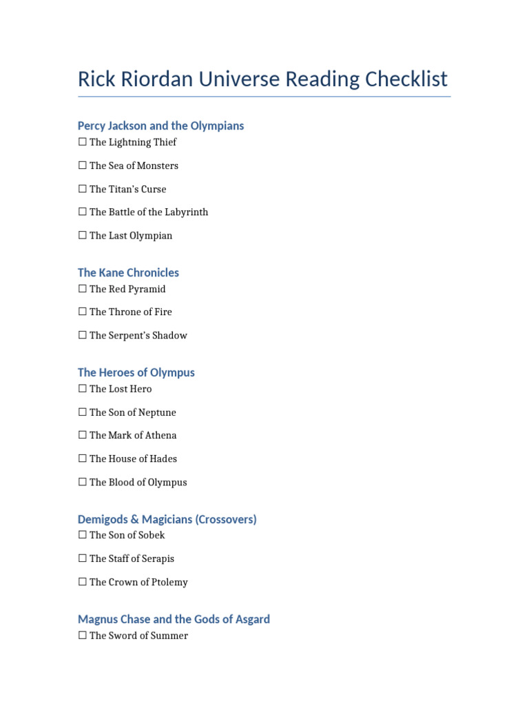Rick Riordan Reading Checklist | PDF