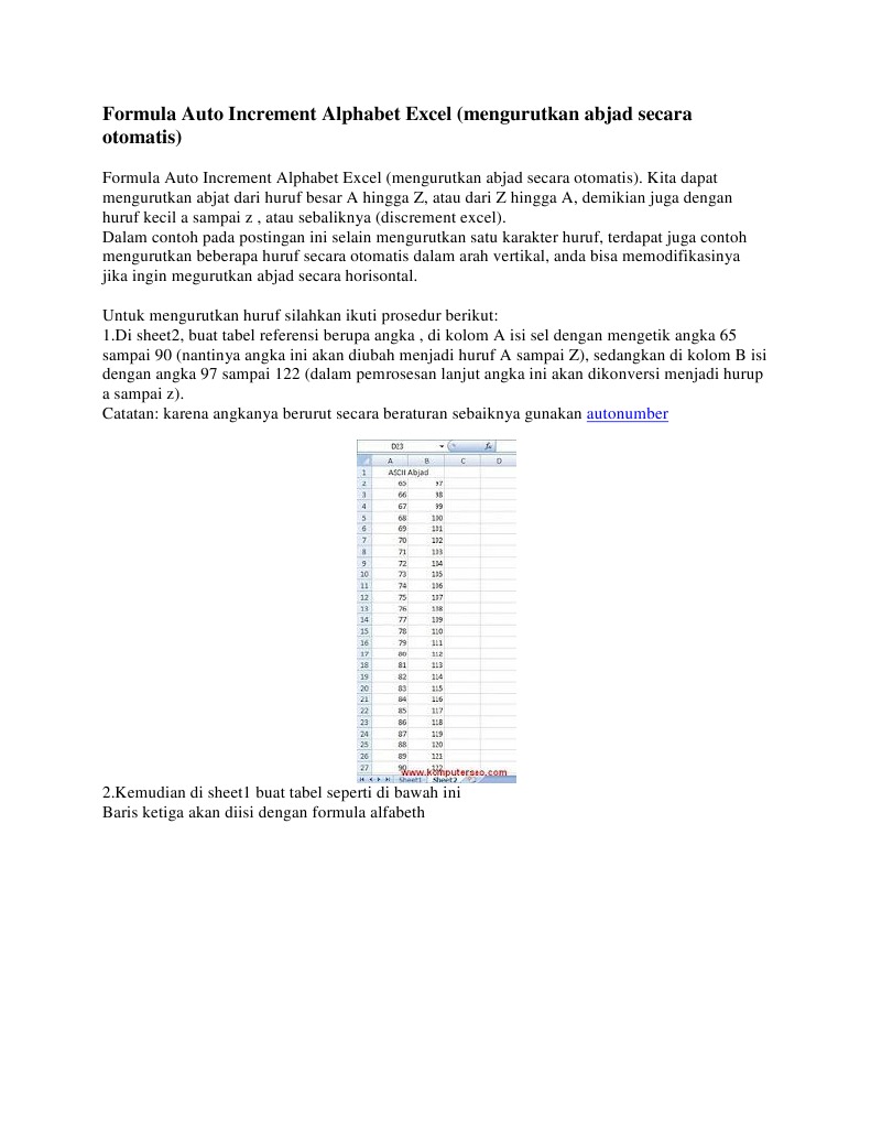 03 Formula Auto Increment Alphabet Excel (Mengurutkan Abjad Secara Otomatis) | PDF