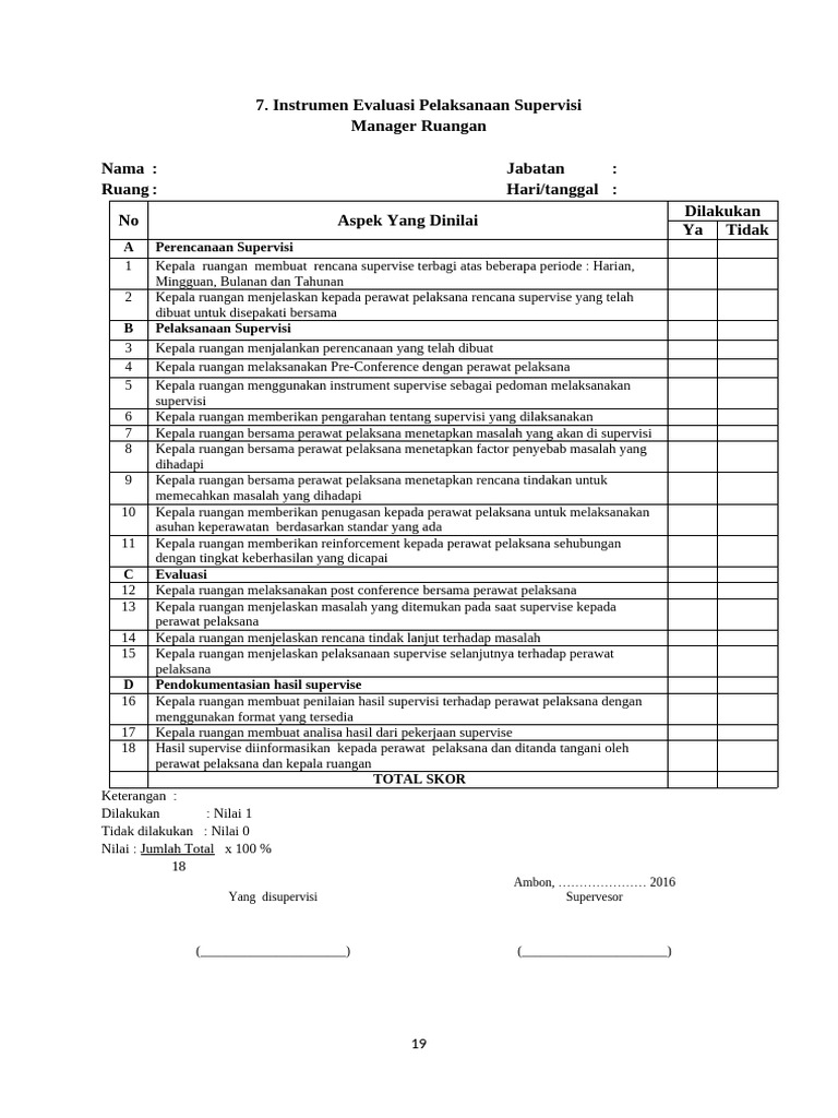 7.instrumen Evaluasi Pelaksanaan Supervisi Kepala Ruangan | PDF