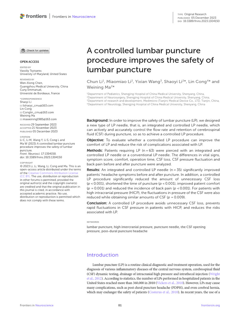 A Controlled Lumbar Puncture Procedure Improves TH | PDF | Cerebrospinal Fluid | Headache