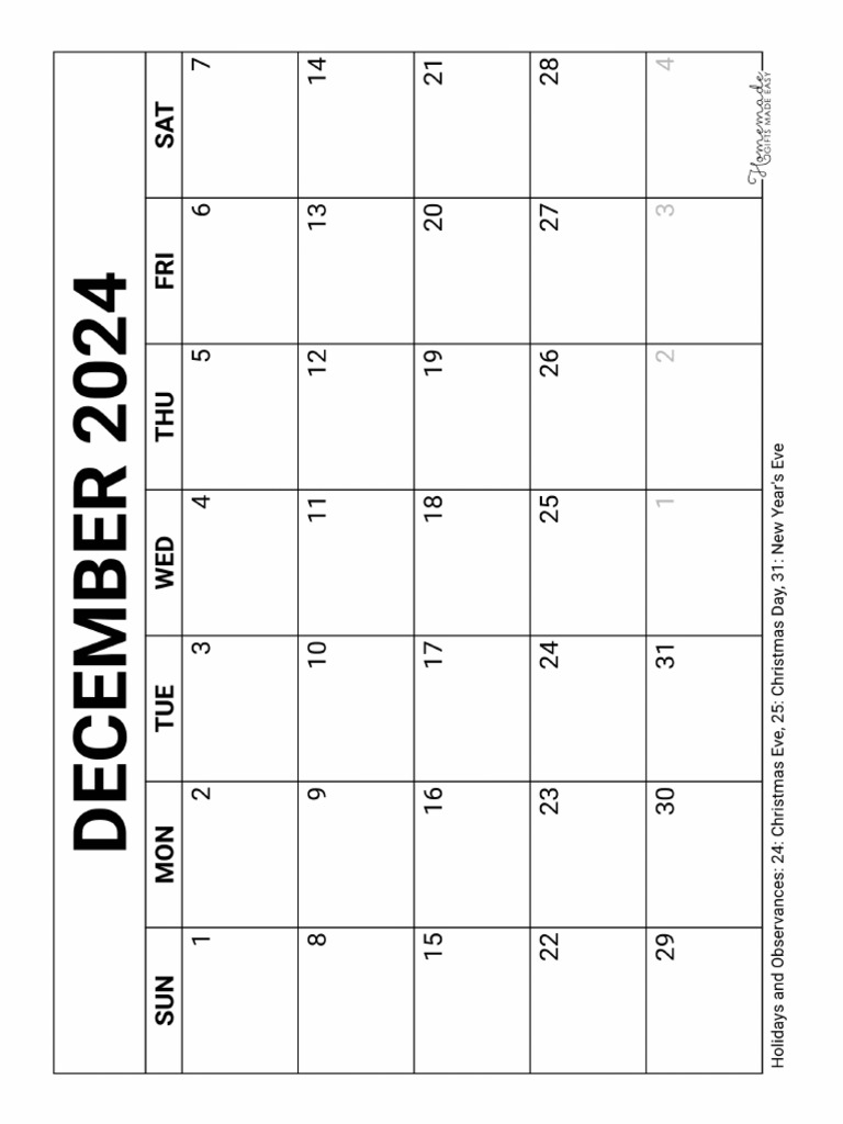 December Calendar 2024 Printable Blank | PDF