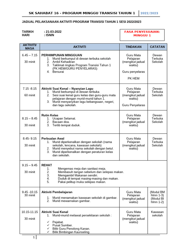 JADUAL PELAKSANAAN AKTIVTI PROGRAM TRANSISI TAHUN 1 2022 | PDF
