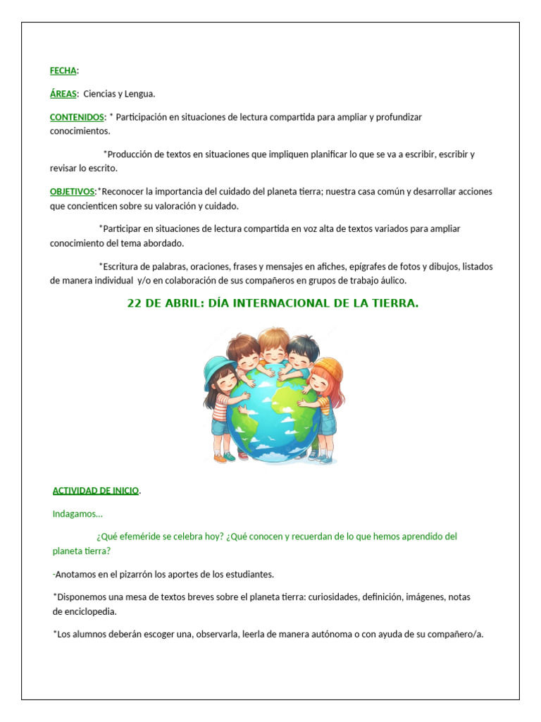 Planificacion Dia de La Tierra | PDF | Escritura | Comunicación humana