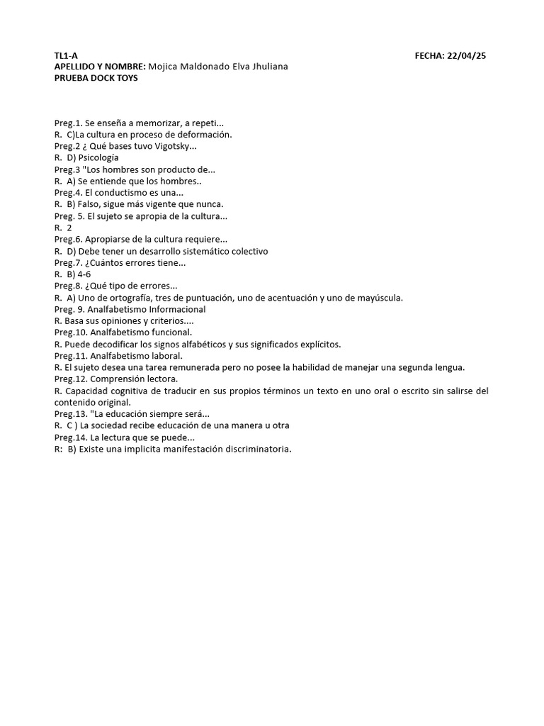 TL1-A FECHA: 22/04/25 Apellido Y Nombre: Prueba Dock Toys | PDF