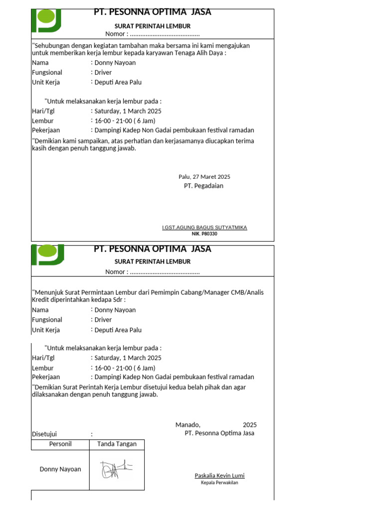 Surat Perintah Lembur Driver Palu | PDF