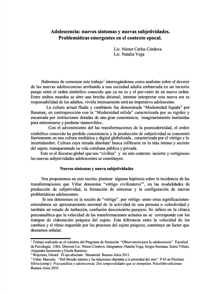 Córdova, N. y Vega, N. - Adolescencia Nuevos Síntomas y Nuevas Subjetividades. Problemáticas ...