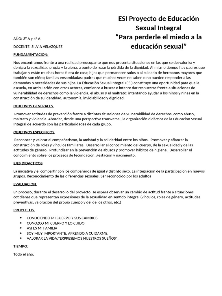 PROYECTO ESI 3° y 4° | PDF | La sexualidad humana | Educación sexual