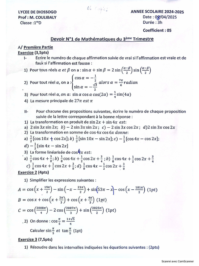 Devoir N°1 de Maths, 1ère D | PDF