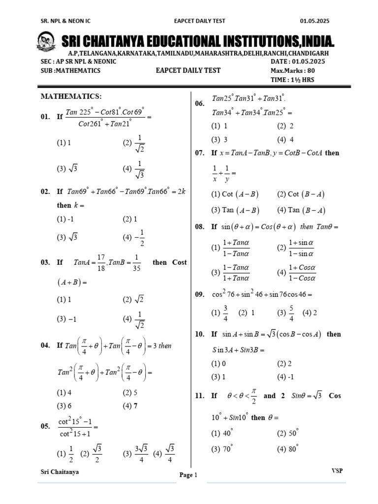 01.05.2025 SR NPL Neon Ic Eapcet Daily Test | PDF | Enthalpy | Gases