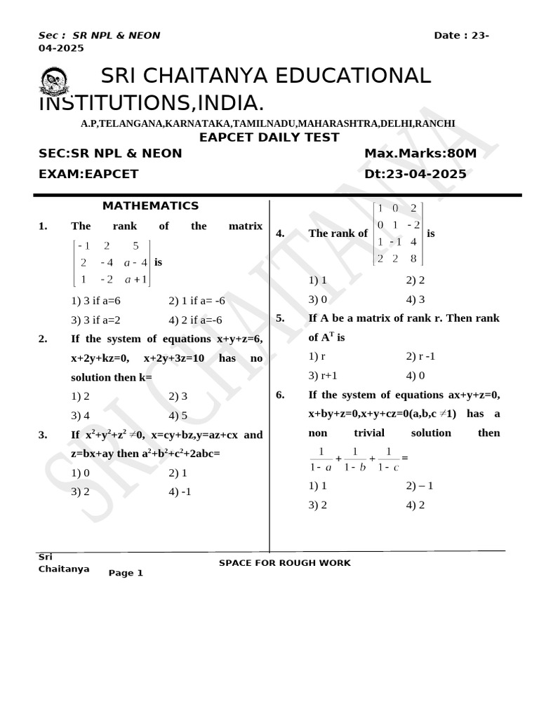 23-04-25 - SR NPL & Neon Eapcet Daily Test - QP | PDF | Triangle ...