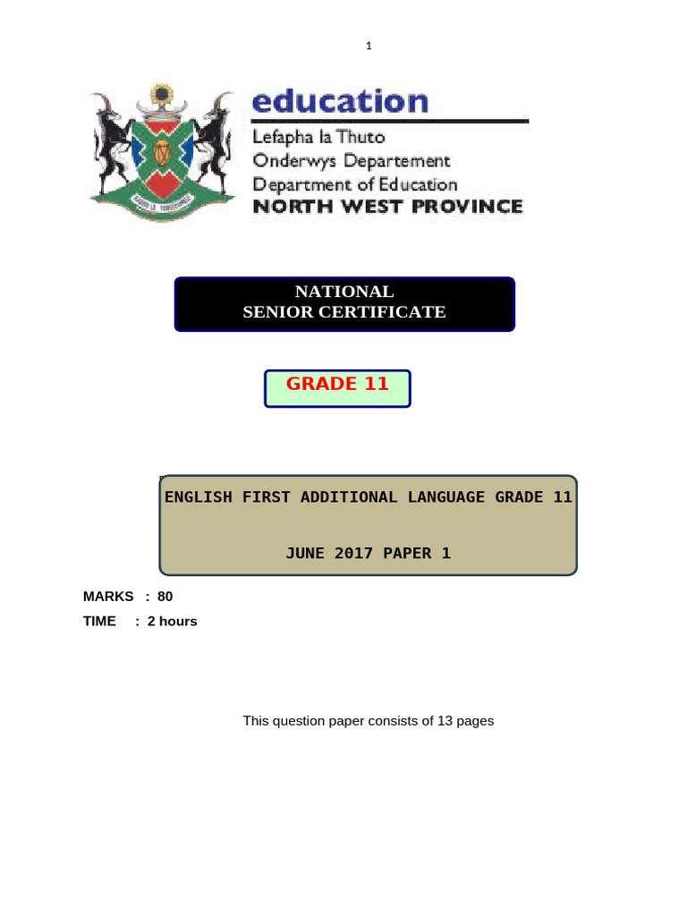 Grade 11 English FAL Paper 1 June 2017 | PDF | Rhinoceros | Poaching