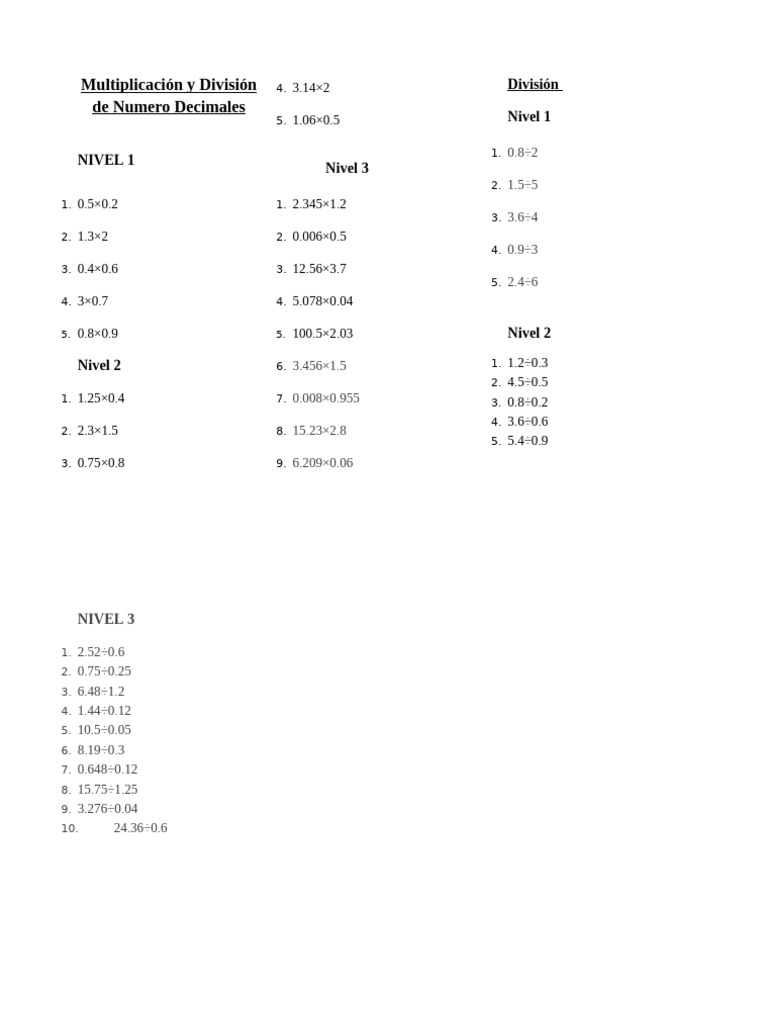 Multiplicación y División de Numero Decimales | PDF