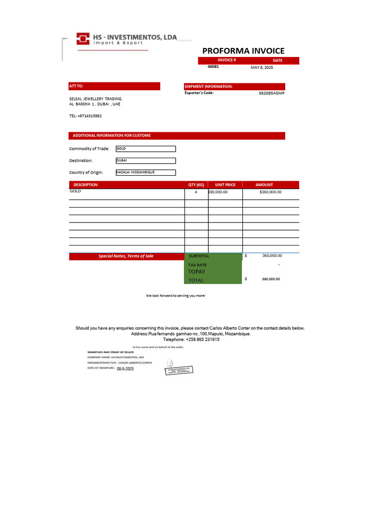 Proforma Invoice - HS Investimentos Gold | PDF