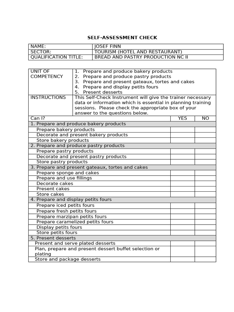 Self Assessment Checklist | PDF | Cakes | Desserts