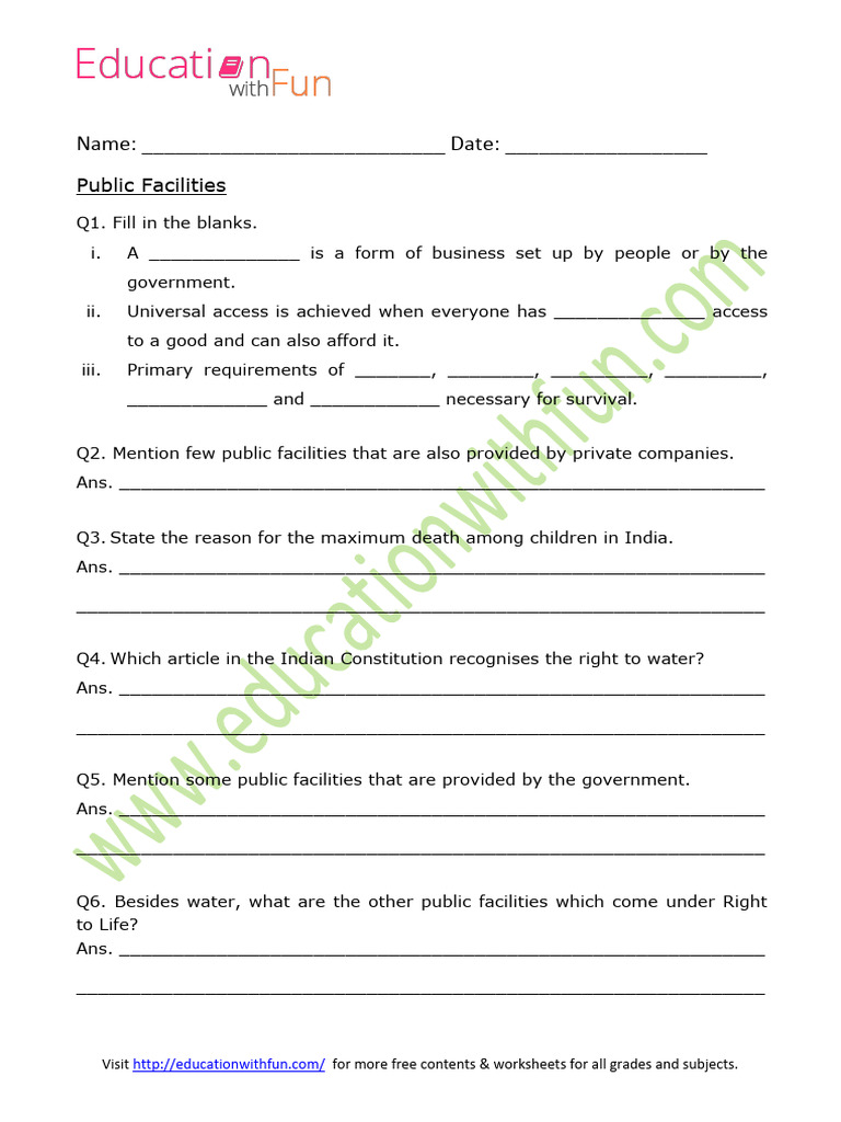 Public Facilities Worksheet for Class 8 | PDF