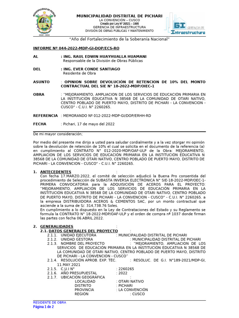 Informe #044 Devolucion de Carta Fianza de Aceros | PDF | Presupuesto