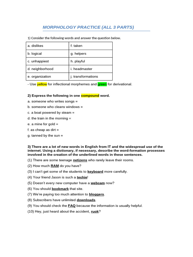 Morphology Practice All Parts With Key | PDF | Morphology (Linguistics ...