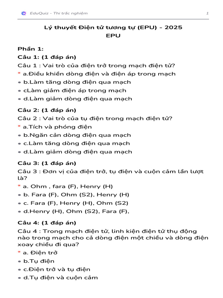 Lý thuyết Điện tử tương tự (EPU) - 2025 | PDF