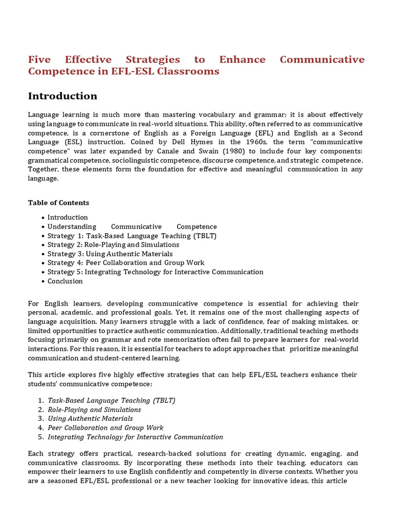 5 Effective Strategies To Enhance Communicative Competence in EFL - ESL Classrooms | PDF ...