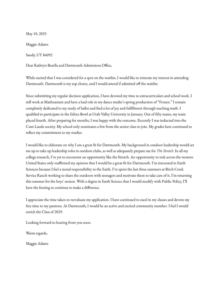Waitlist Appeal to Dartmouth Admissions | PDF
