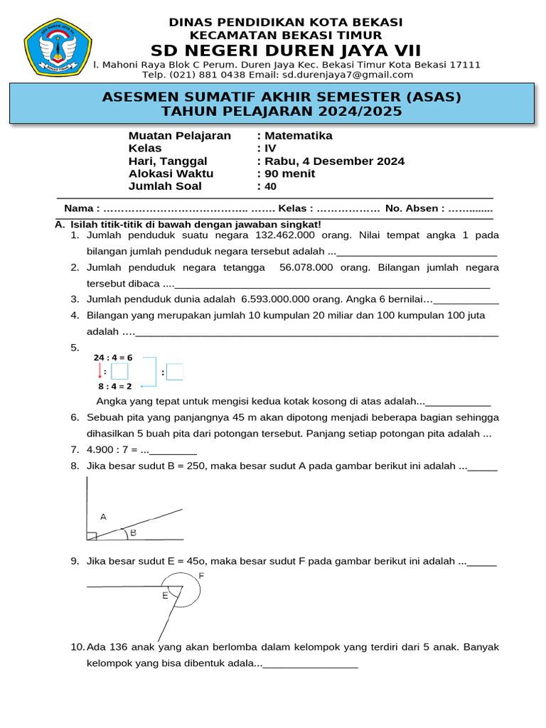 ASAS Matematika Kelas IV Semester 1 | PDF