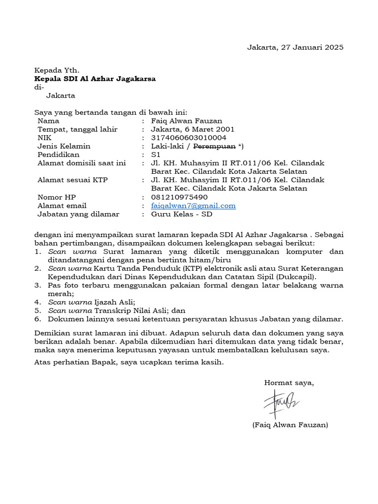 Surat Lamaran Guru Kelas SD Al Azhar | PDF