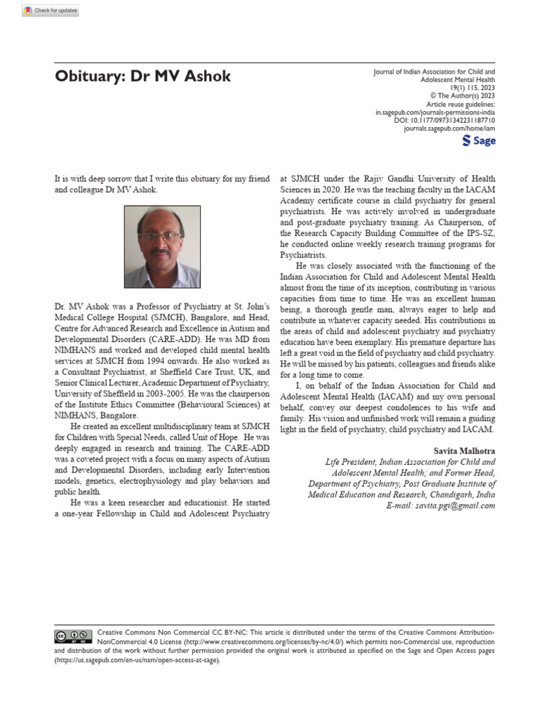 Malhotra 2023 Obituary Dr Mv Ashok | PDF | Psychiatry | Child And Adolescent Psychiatry