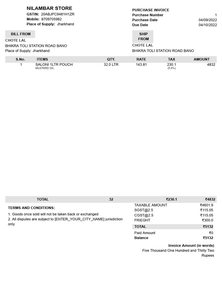CHOTE LAL Purchase Invoice 1 | PDF