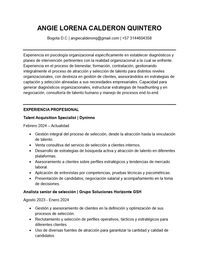 HV - Angie Calderon Quintero | PDF | Reclutamiento | Psicología ...