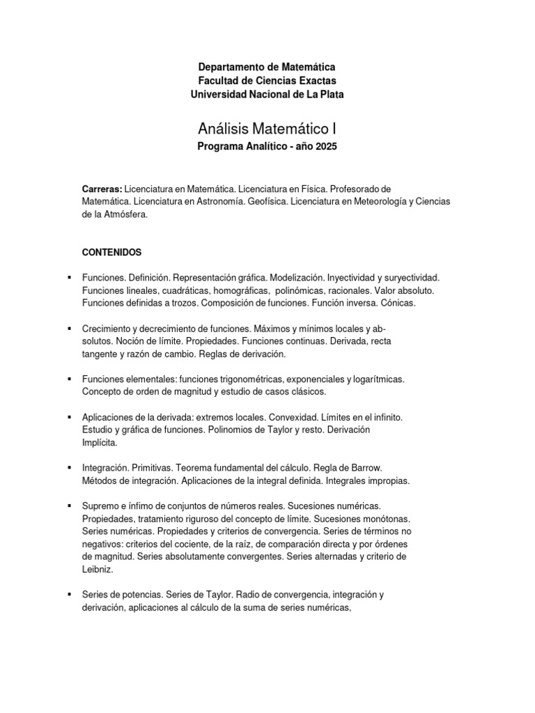 Análisis Matemático I: Departamento de Matemática Facultad de Ciencias Exactas Universidad ...