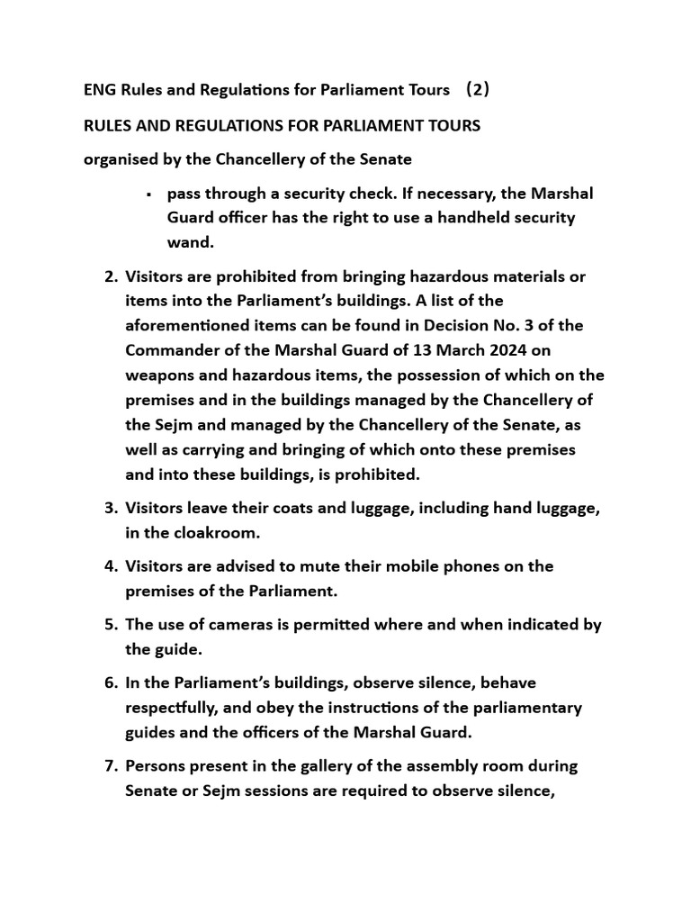 ENG Rules and Regulations for Parliament Tours （2） | PDF | Public Law | Government