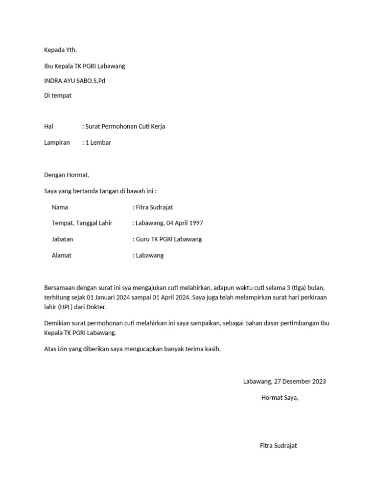 Surat Keterangan Cuti Kerja Melahirkan | PDF