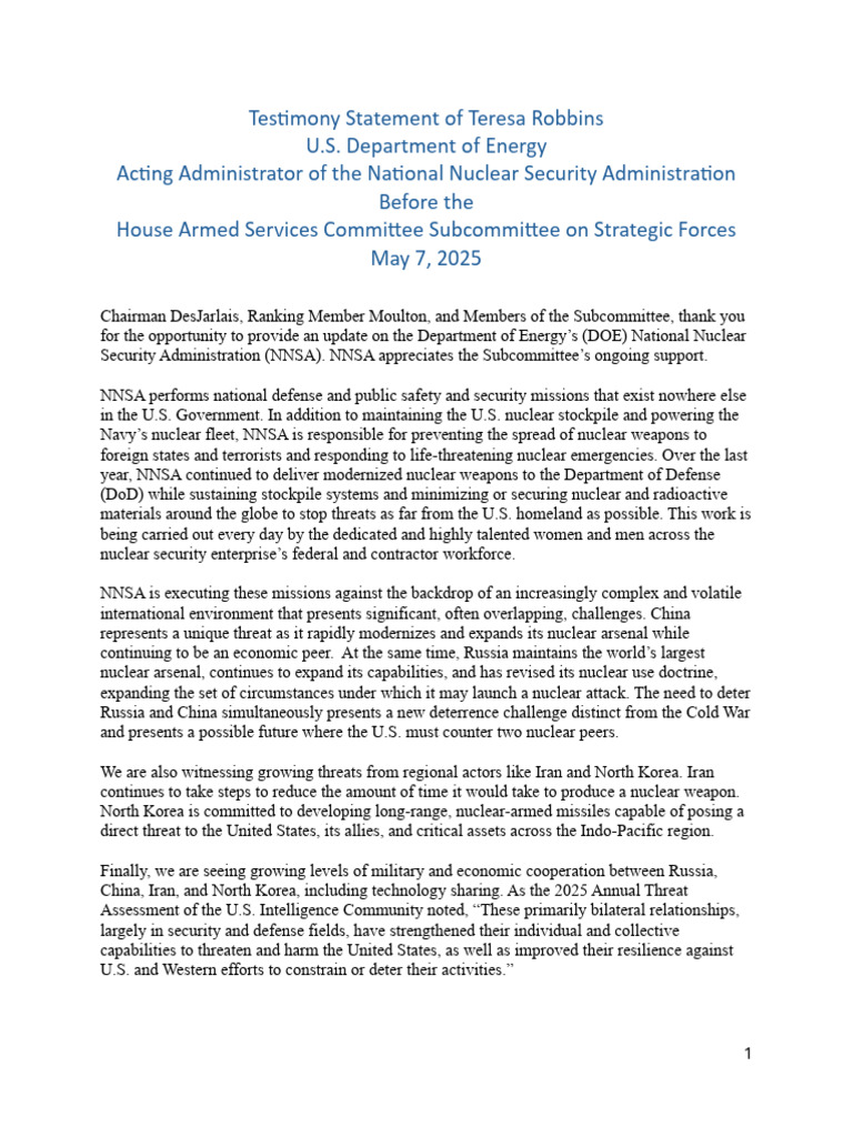 Nnsa Hasc-Sf 2026 Budget Testimony | PDF | Enriched Uranium | Computer ...