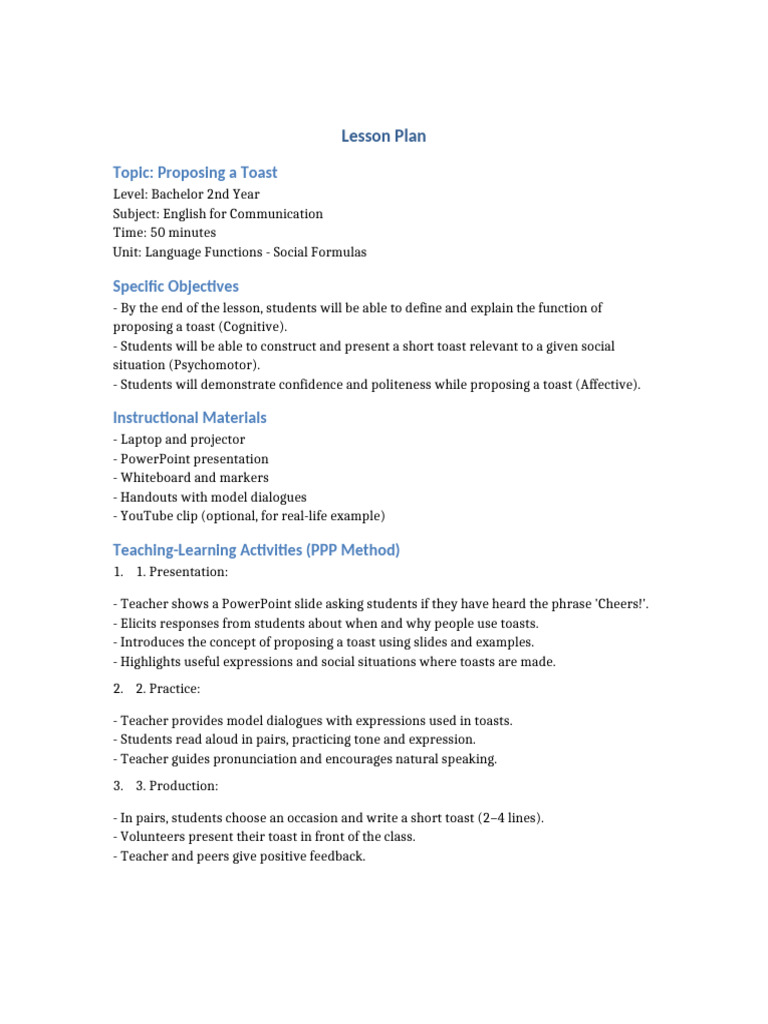 Proposing A Toast Lesson Plan | PDF