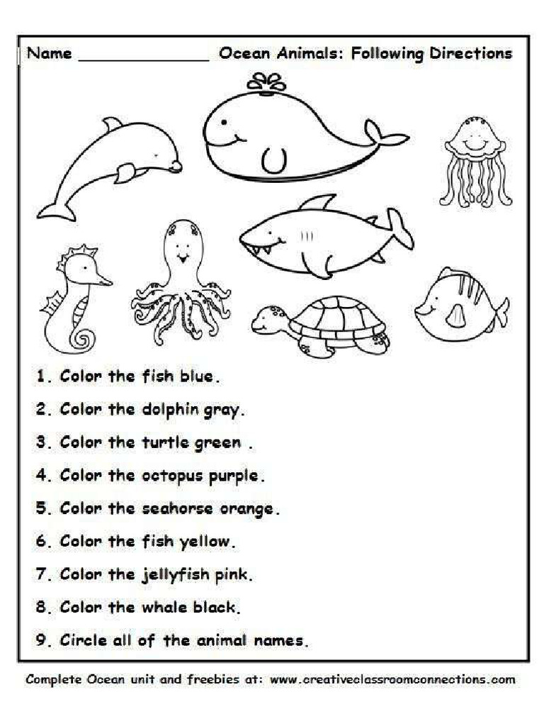Ocean Animals Worksheet Focuses On Animal Names and Color Words - Free ...