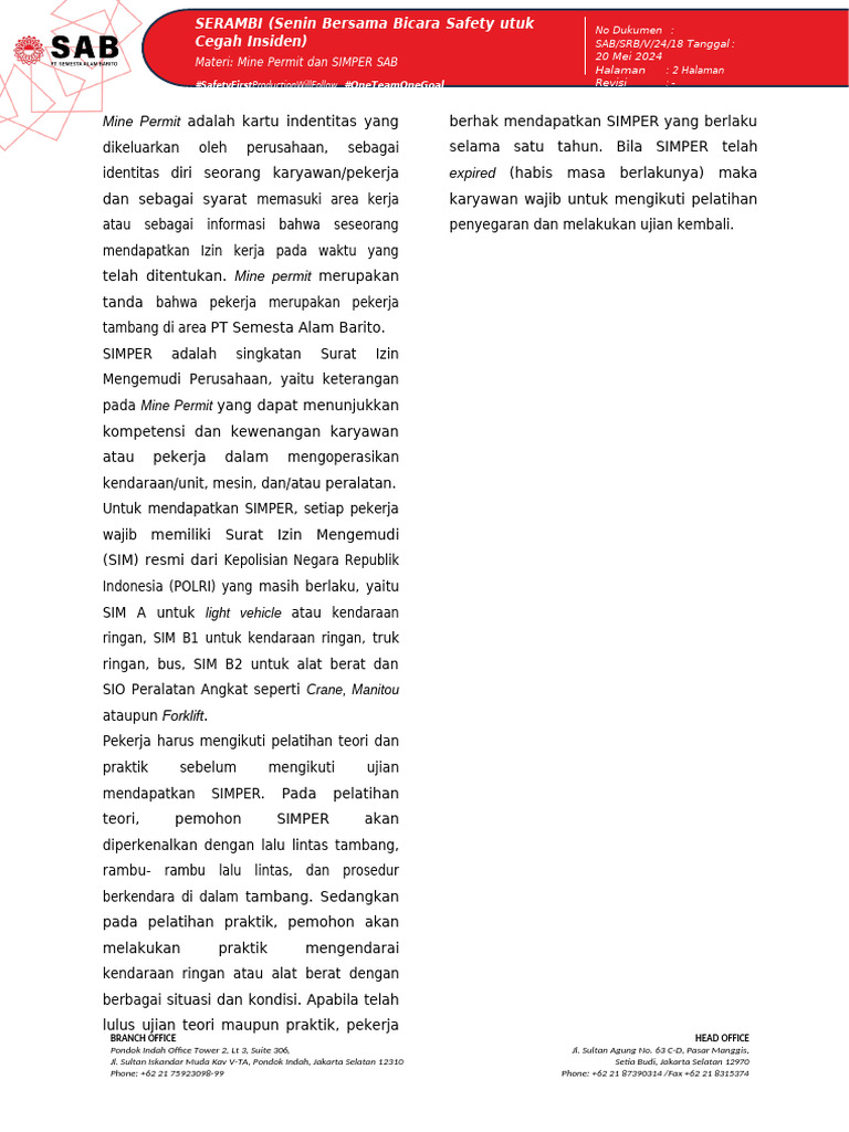 Serambi Materi 20 Mei 2024 - Mine Permit Dan SIMPER SAB | PDF