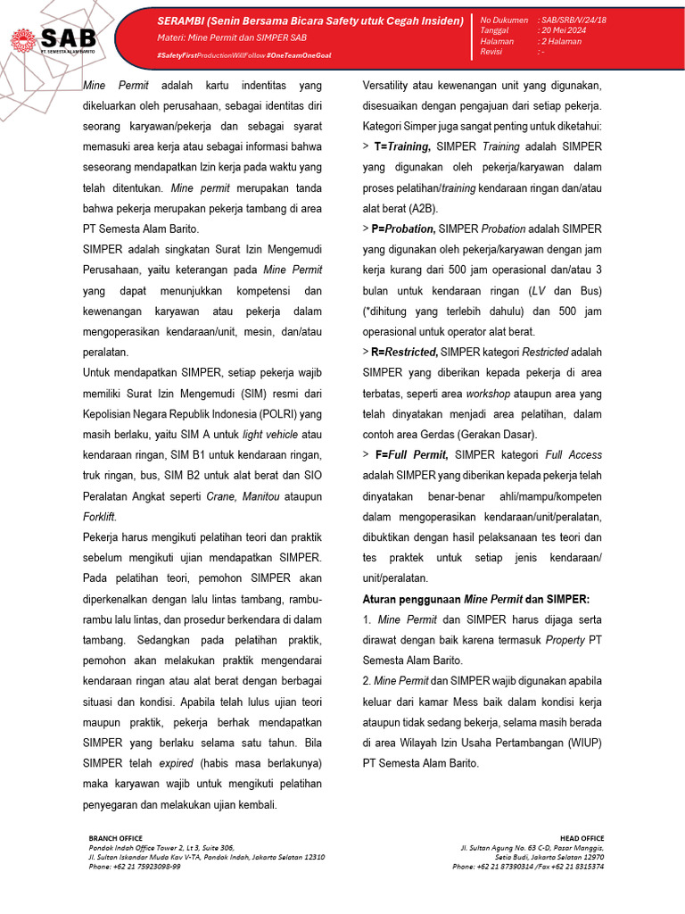 Serambi Materi 20 Mei 2024 - Mine Permit Dan SIMPER SAB | PDF