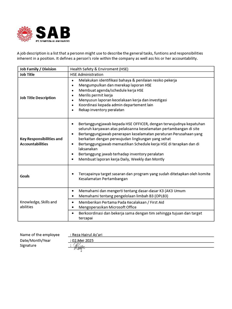 Job Desk HSE Administration Reza Hairul A | PDF