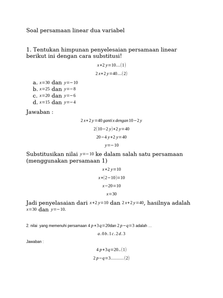 Soal persamaan linear dua variabel | PDF
