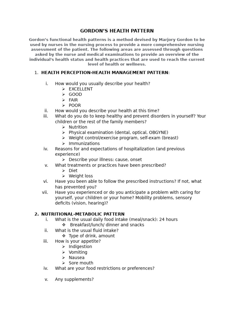 Gordon's Health Pattern | PDF | Weight Loss