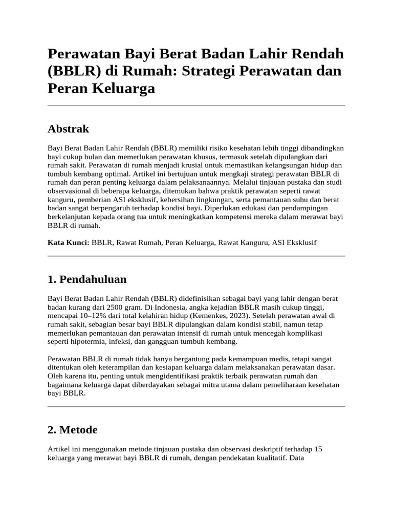 Perawatan Bayi Berat Badan Lahir Rendah (BBLR) Di Rumah: Strategi Perawatan Dan Peran Keluarga | PDF